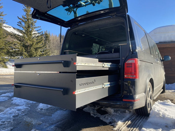 SteelPod - Two drawer sliding pod with campervan bed – SteelPods